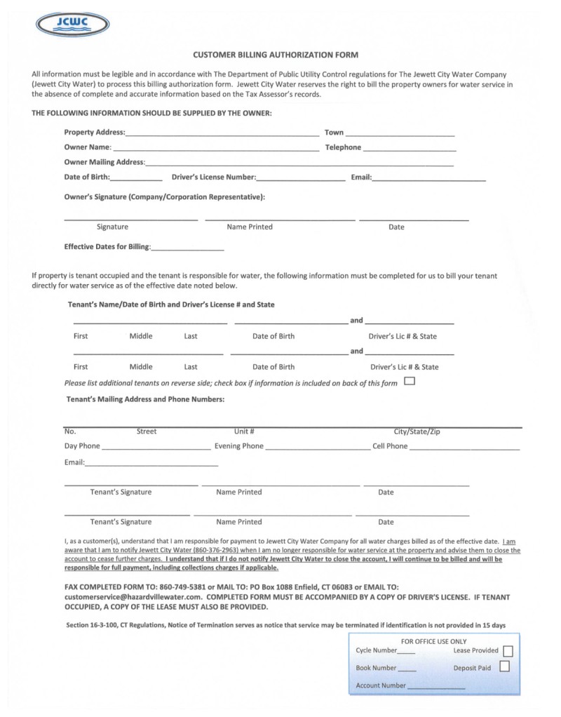 Online Forms – Jewett City Water Company